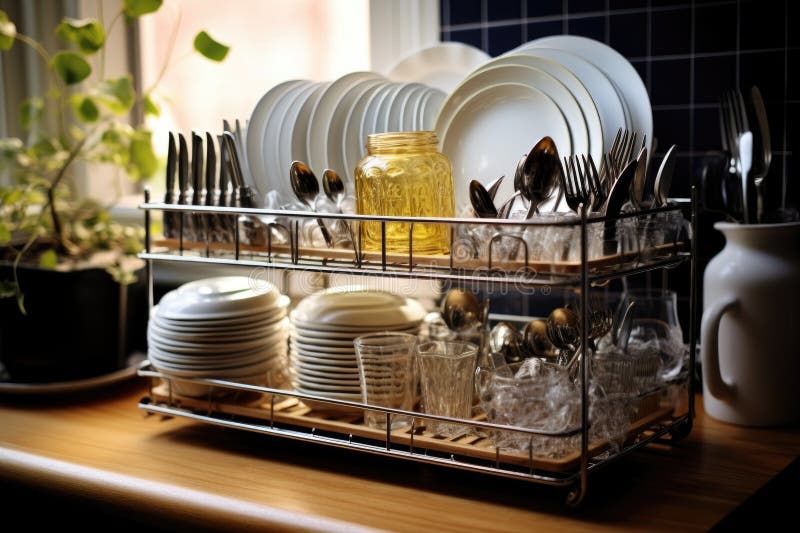 Dish Rack Filled with Clean, Shiny Dishes Stock Illustration ...