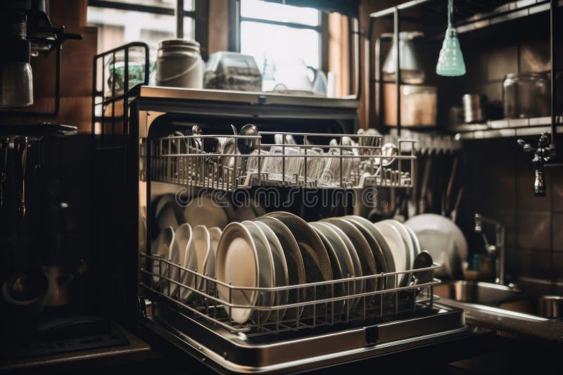 A Dish Rack Filled with Dishes in a Kitchen. AI Generative Image. Stock ...