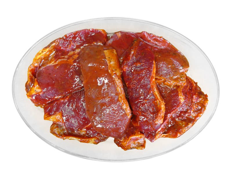 Dish with Raw Marinated Beef Steaks Stock Photo - Image of path ...