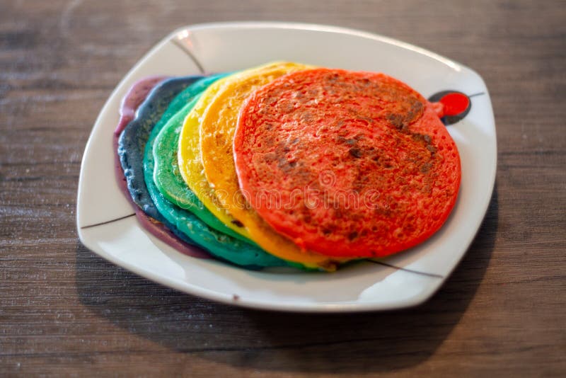 Dish with a Stack of Rainbow Coloured Pancakes Stock Image - Image of ...
