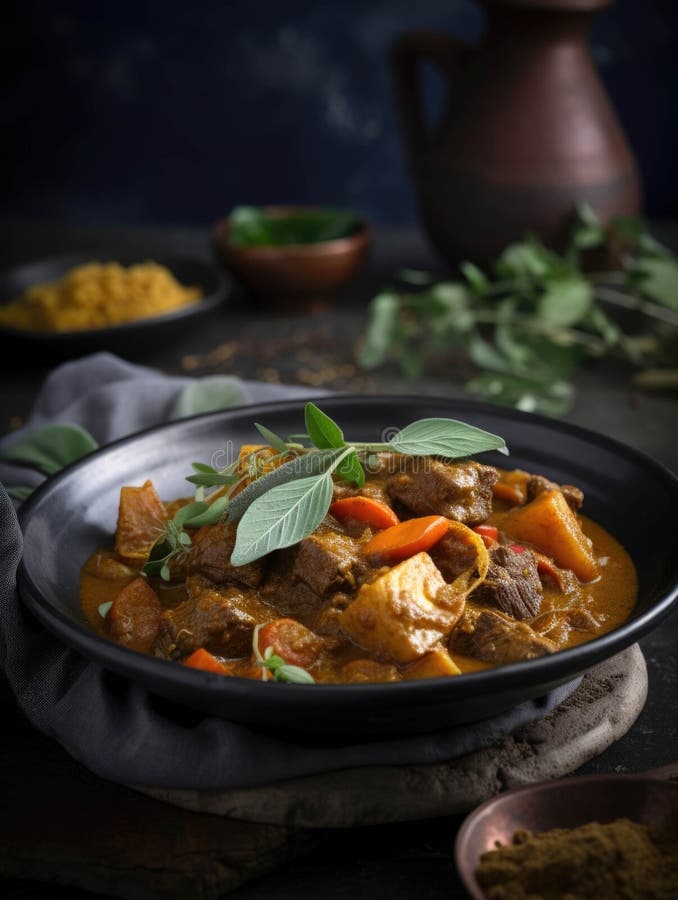 A Dish of Steaming Beef and Vegetable Curry Fragrant with Curry Leaves ...