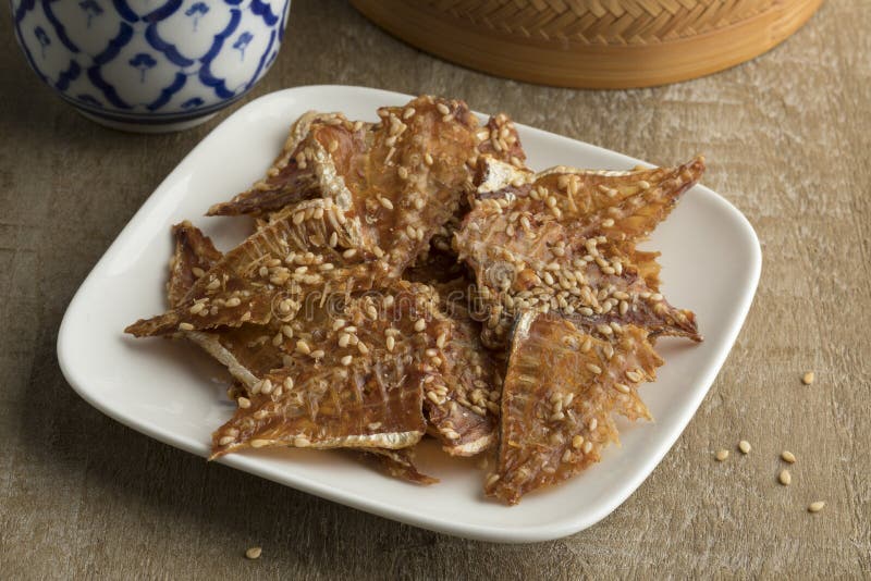 Dish with Thai Deep Fried Yellowtail Fish Bones Stock Image - Image of ...