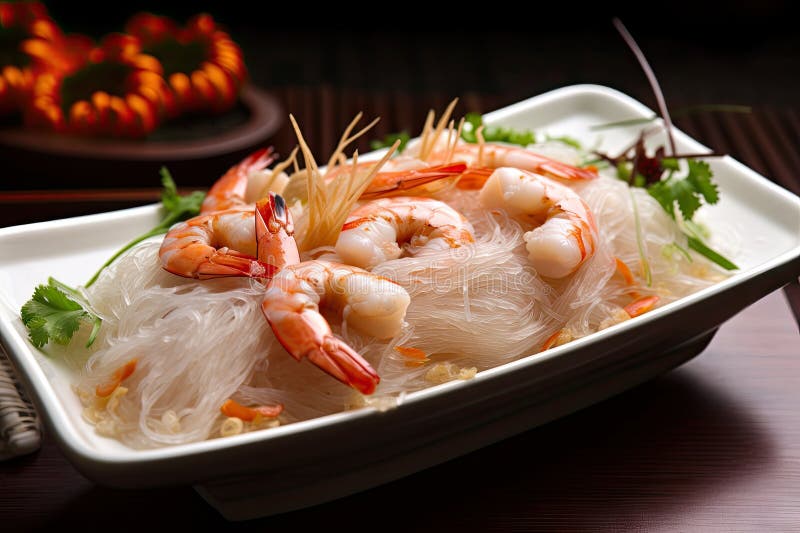Dish of Tiger Shrimp Prawns on Bed of Rice Noodles Stock Image - Image ...