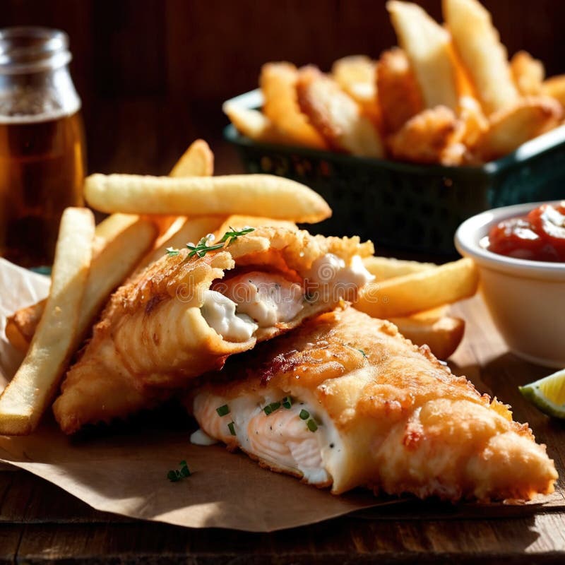 Dish of Traditional British Fish and Chips, Batter Fried Seafood Stock ...
