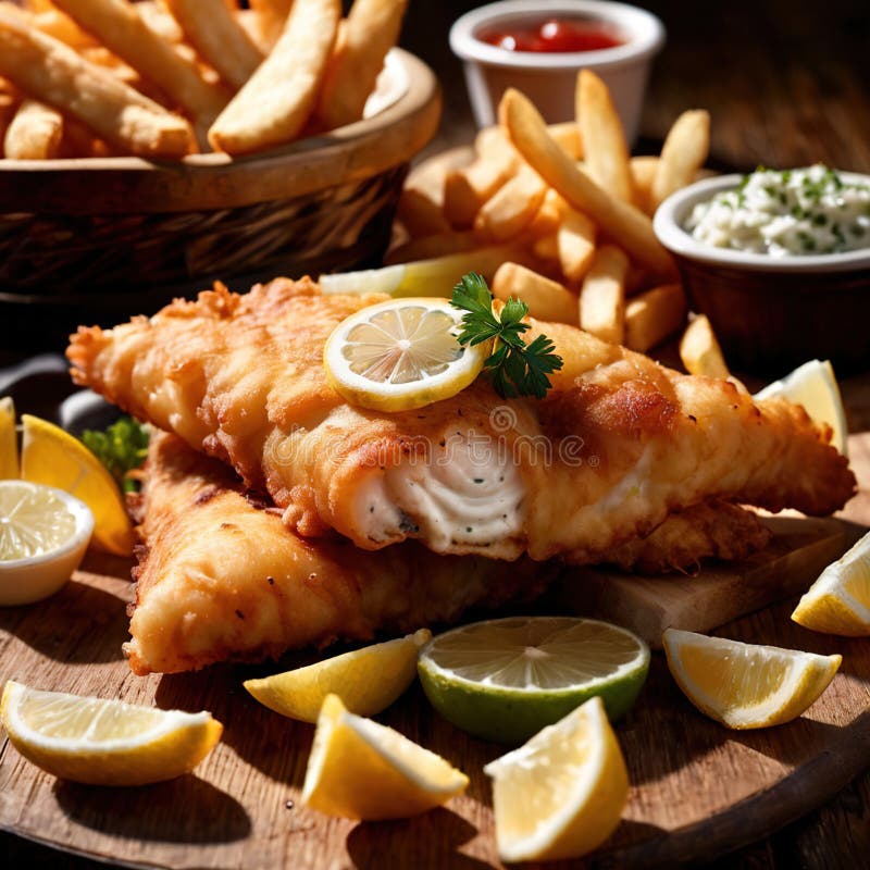 Dish of Traditional British Fish and Chips, Batter Fried Seafood Stock ...