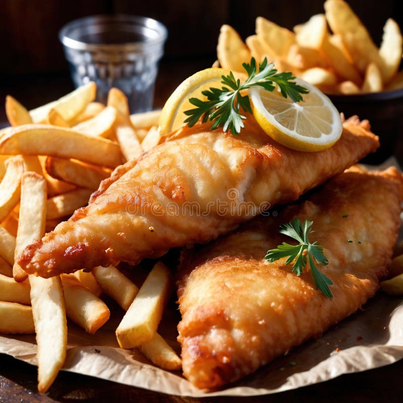 Dish of Traditional British Fish and Chips, Batter Fried Seafood Stock ...