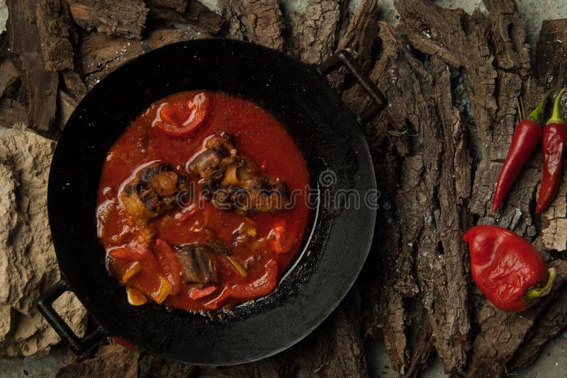 Dish on a tree bark stock photo. Image of capsicum, meat - 90699592