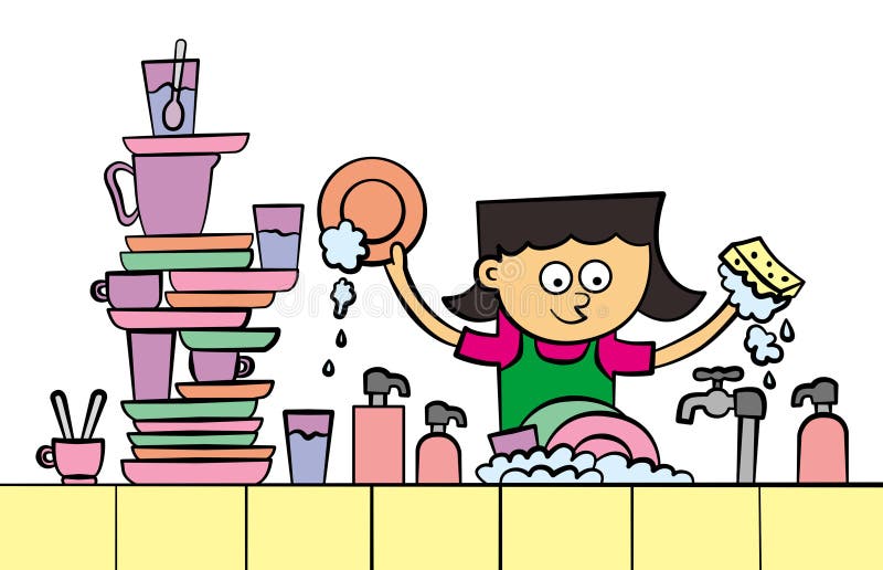 Clean Dishes Cartoon Girl Cartoon Clean Kid Stock Illustrations