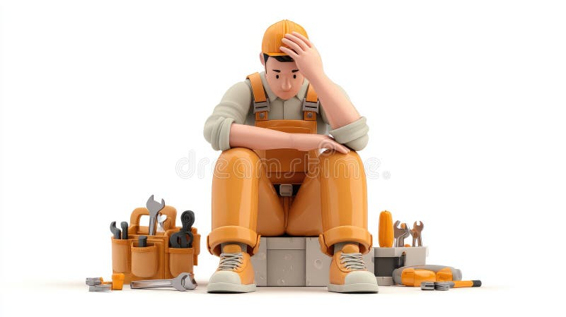 Tired Construction Worker Sitting with Tools Stock Illustration ...