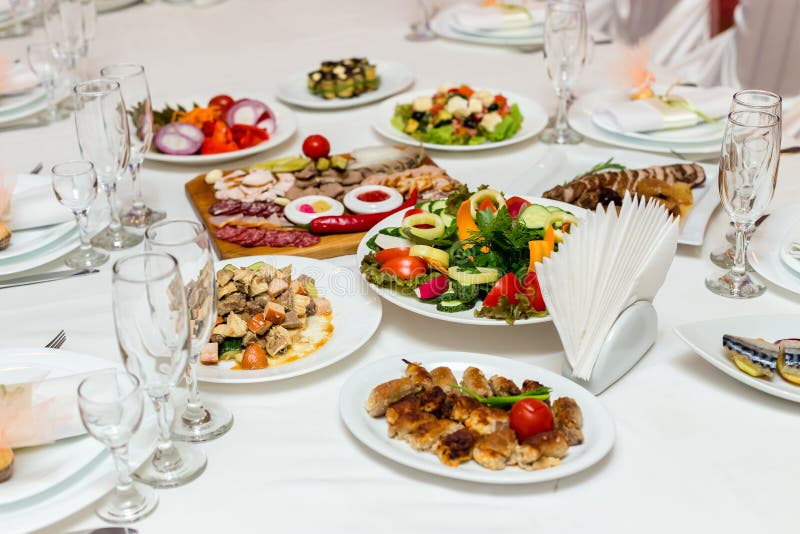 Dishes on banquet table stock photo. Image of gourmet - 55944598