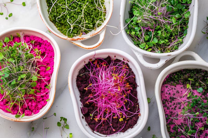 Dishes of Colorful Edible Soil with Microgreens Stock Image - Image of ...