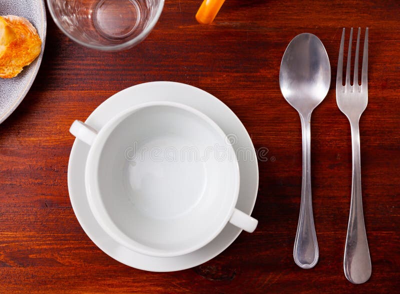 Dishes are Prepared for Meals on Wooden Table. Stock Image - Image of ...