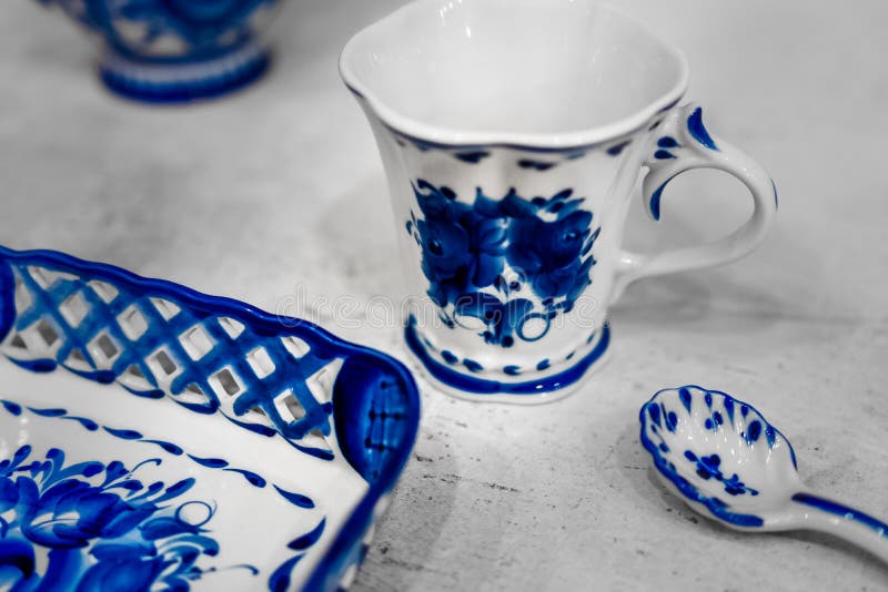 Dishes and Decorative Elements Painted in the Style of Gzhel, Tea Stock ...