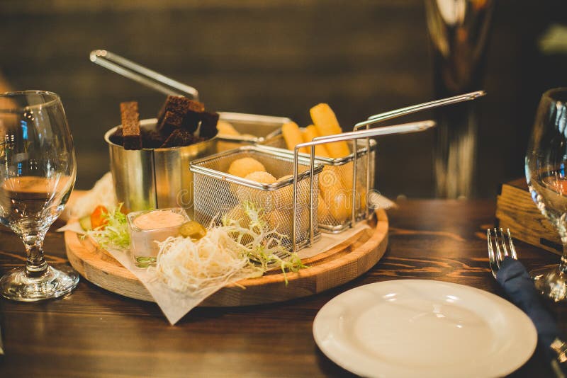 Dishes with Different Snacks on Bar Counter Stock Photo - Image of ...
