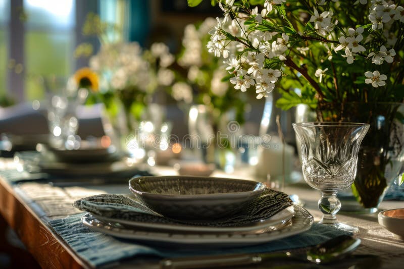 Dishes and Flowers on Set Table for Festive Dinner Stock Photo - Image ...