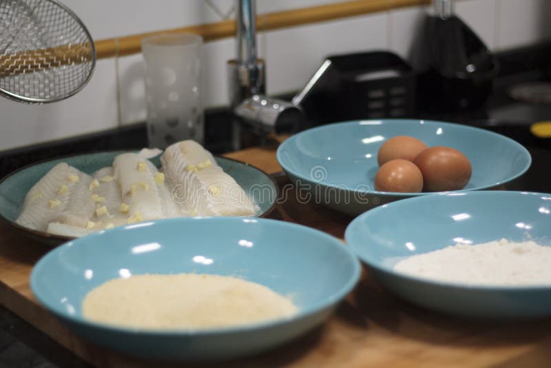 Dishes with Ingredients To Make Fried Fish Fillets Stock Image - Image ...