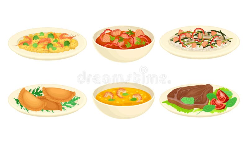 Dishes with Meat and Seafood with Vegetables Vector Set Stock Vector ...