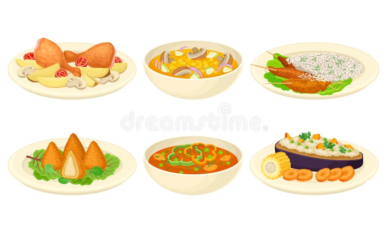 Dishes with Meat and Vegetables Served on Plate Vector Set Stock Vector ...