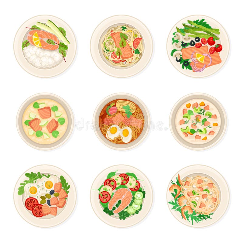 Dishes with Salmon Vector Set. Top View of Different Courses Collection ...