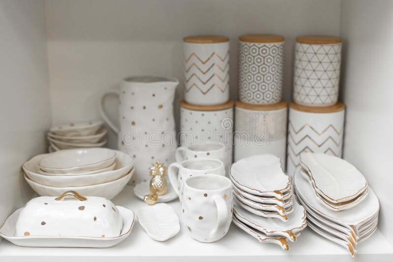 Dishes Shop. Shelf in the Cupboard with a Set of Dishes Stock Image ...