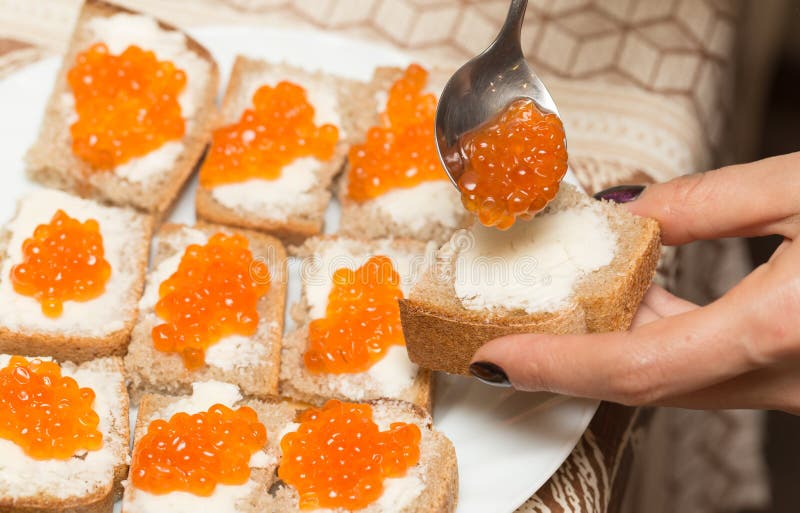 Dishes from Sliced Bread and Red Caviar Stock Image - Image of sandwich ...