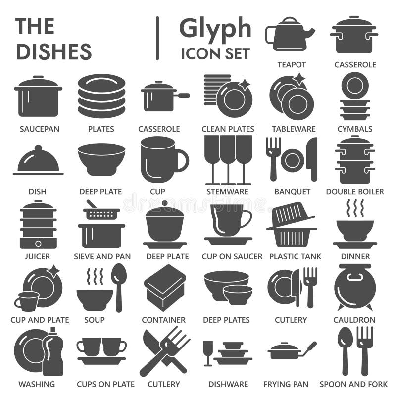 Dishes Solid Icon Set, Tableware Symbols Collection or Sketches ...