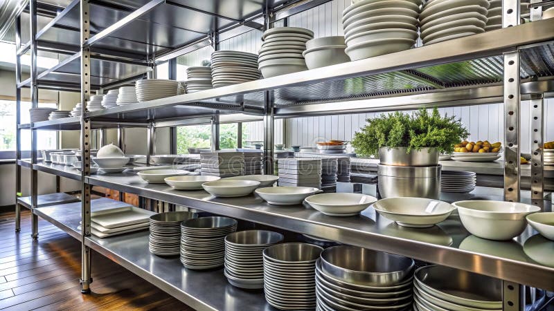 Dishs and Bowls on Aluminum Shelves. in a Modern Restaurant Kitchen ...