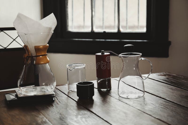 Dishware for Coffee Making on Wooden Table in Cafe Stock Photo - Image ...