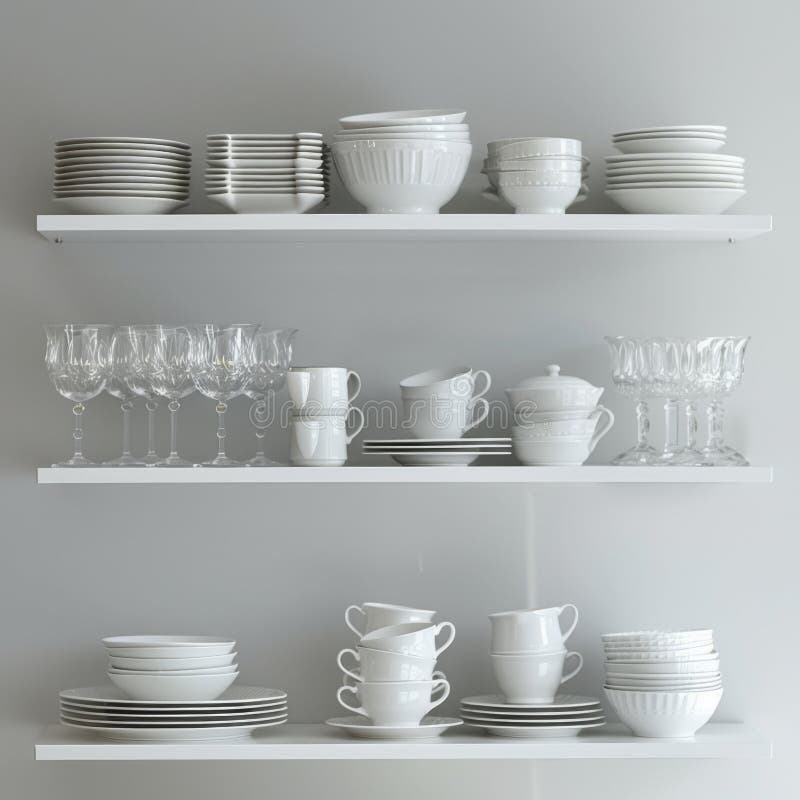 Dishware Set in White Shelving Unit, Tableware Shelf, Kitchen Interior ...