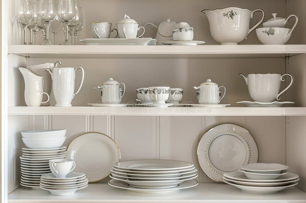 Dishware Set in White Shelving Unit, Tableware Shelf, Kitchen Interior ...