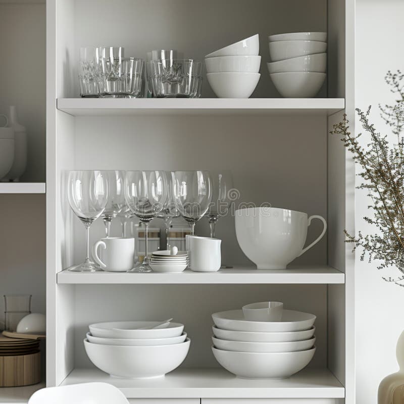 Dishware Set in White Shelving Unit, Tableware Shelf, Kitchen Interior ...