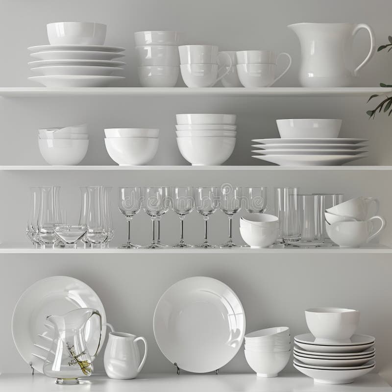 Dishware Set in White Shelving Unit, Tableware Shelf, Kitchen Interior ...