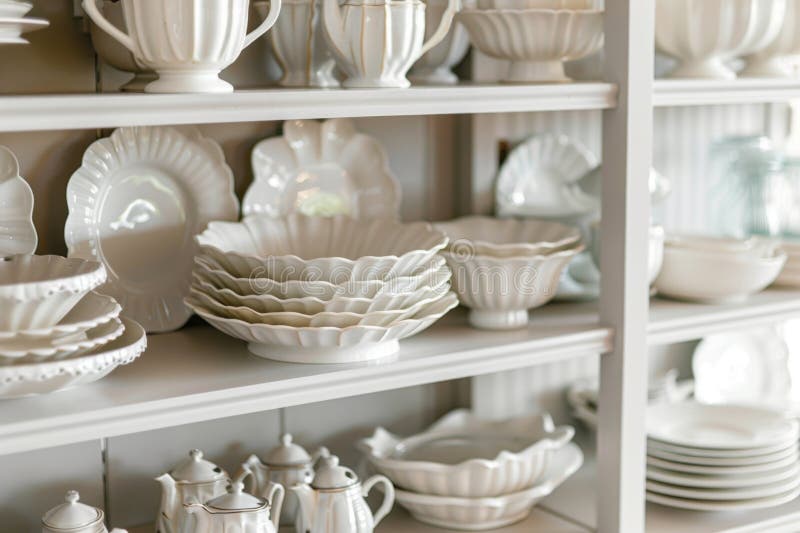 Dishware Set in White Shelving Unit, Tableware Shelf, Kitchen Interior ...