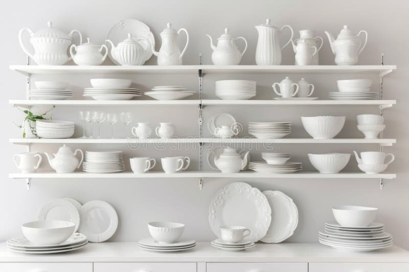 Dishware Set in White Shelving Unit, Tableware Shelf, Kitchen Interior ...