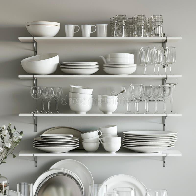 Dishware Set in White Shelving Unit, Tableware Shelf, Kitchen Interior ...