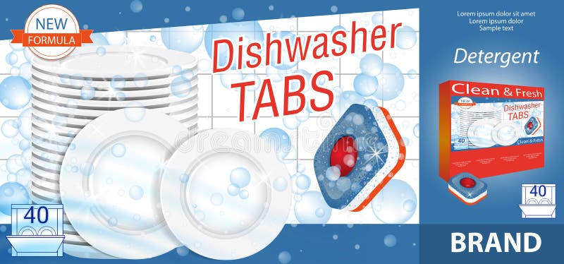 Dishwasher Detergent Tabs. Realistic Illustration with Plates in Stock ...