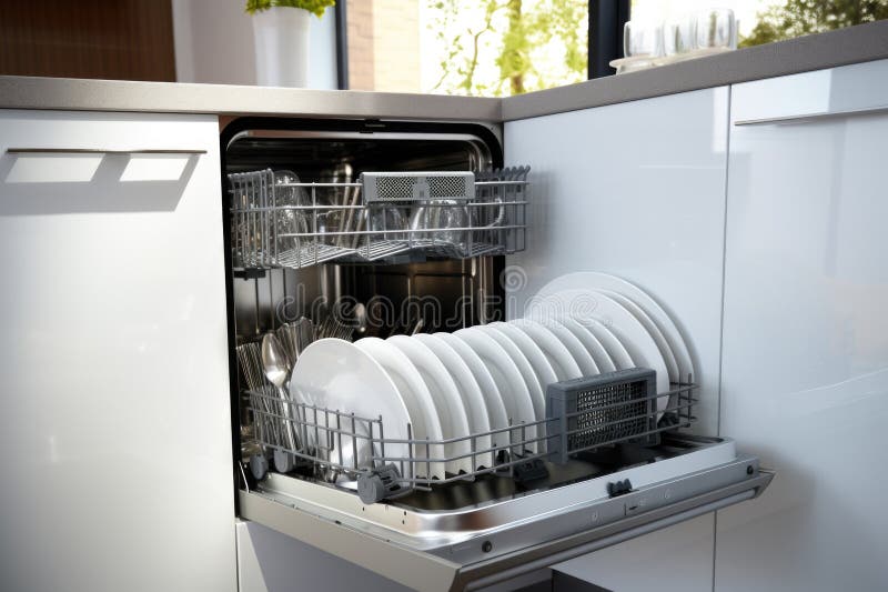 A Dishwasher Filled with White Dishes in a Kitchen. Ideal for Household ...