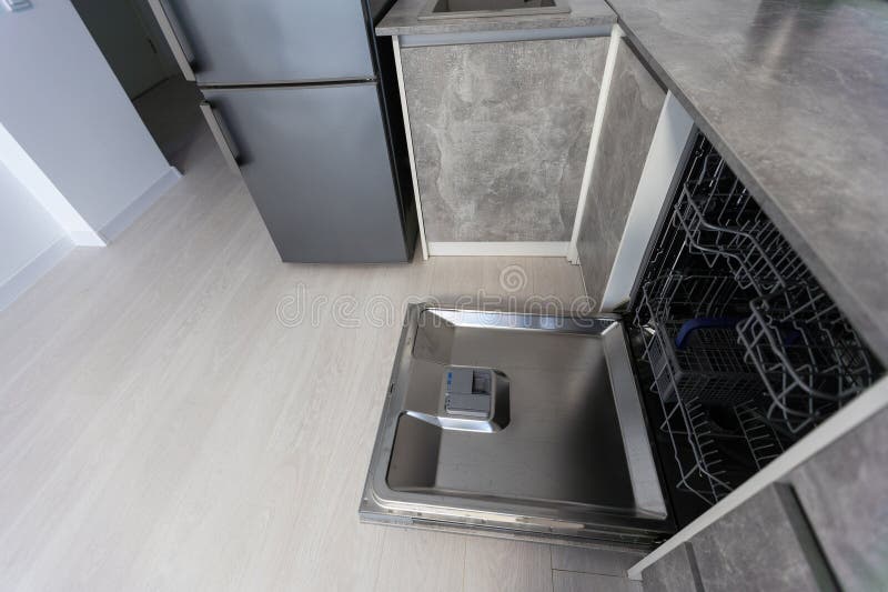Dishwasher Integrated in a Modern Kitchen Stock Photo - Image of door ...
