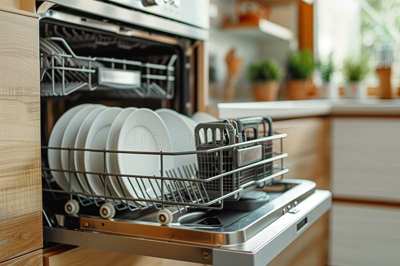 Dishwasher Machine with Clean Dishes in Modern Kitchen, Closeup Stock ...