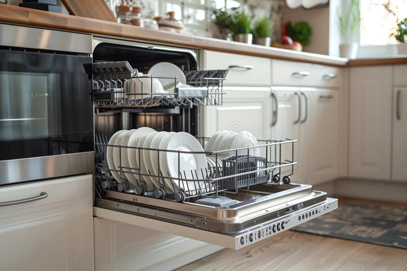 Dishwasher Machine with Clean Dishes in Modern Kitchen, Closeup Stock ...