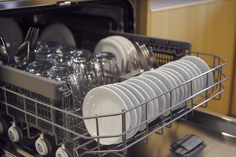 A Dishwasher with Many Plates and Silverware in it Stock Image - Image ...