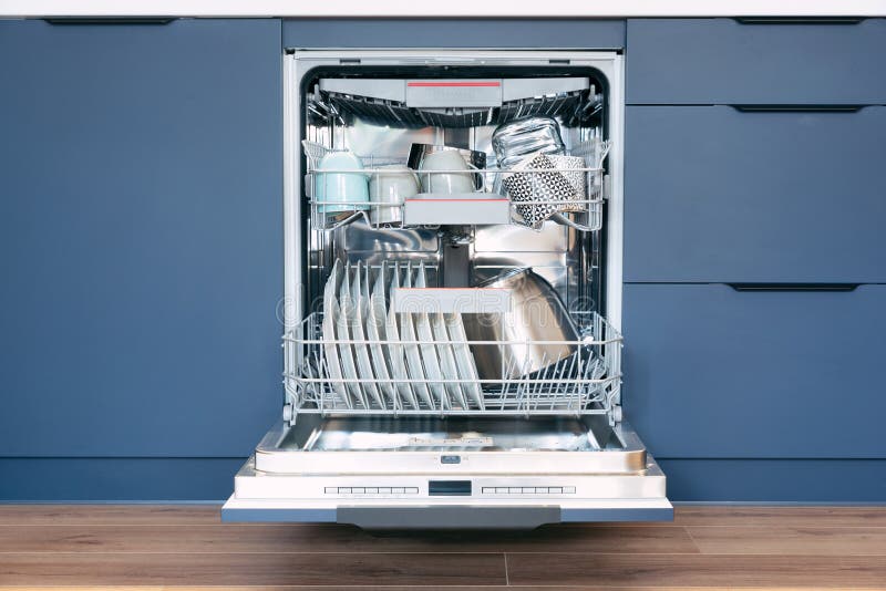 Dishwasher in Modern Blue Kitchen Stock Image - Image of utensils, blue ...