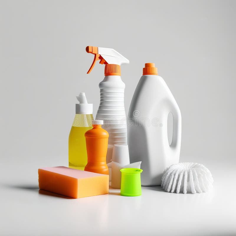 Disinfection and Cleaning Products on White Background Stock ...