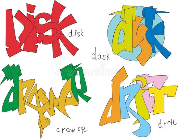 Disk, Dask, Drawer and Drift Graffiti Stock Vector - Illustration of ...