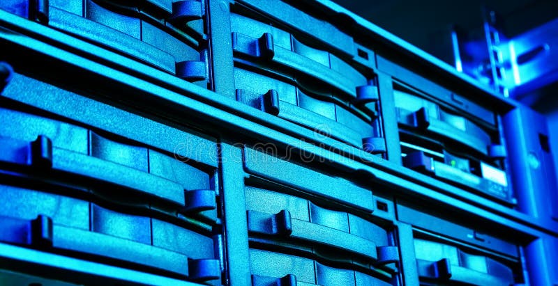 Disk Storage Closeup in Modern Data Center. Blue Toning Stock Image ...
