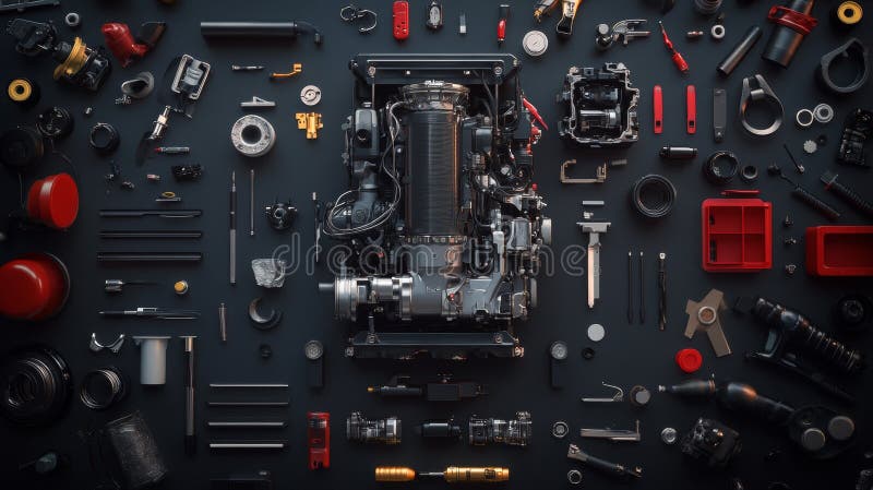 A Dismantled Car Engine Lies Amid Tools and Components on a Dark ...