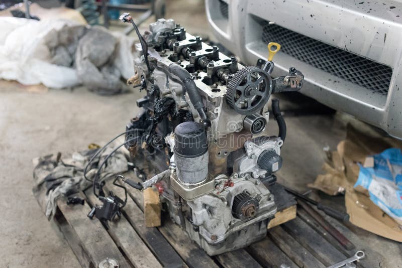 Dismantled Car Engine Placed Wooden Pallet Inside Garage Environment ...
