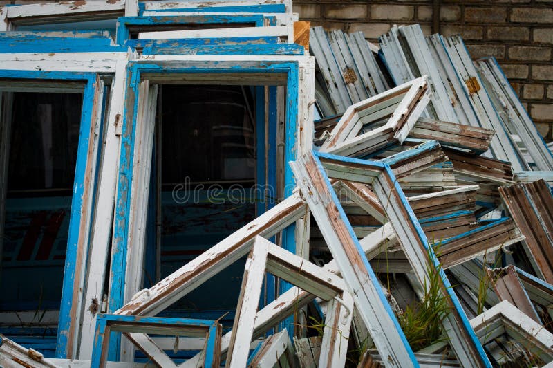 Dismantled the Old Wooden Windows Stock Photo - Image of blue, pile ...