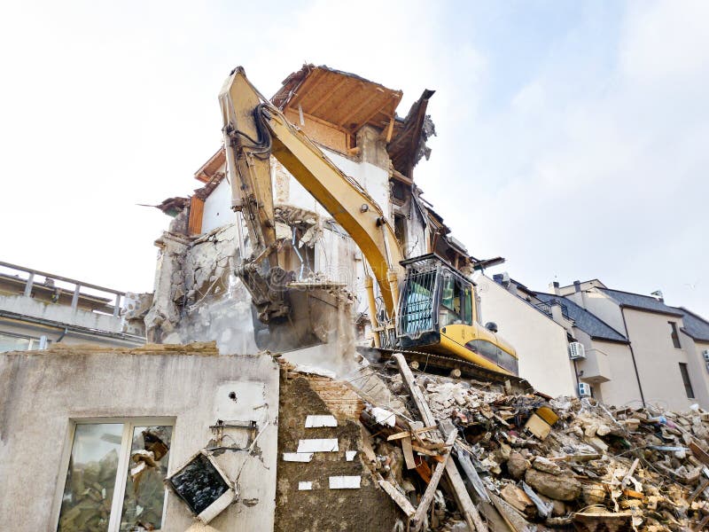 Dismantling Old Residential Building with Excavator Editorial ...