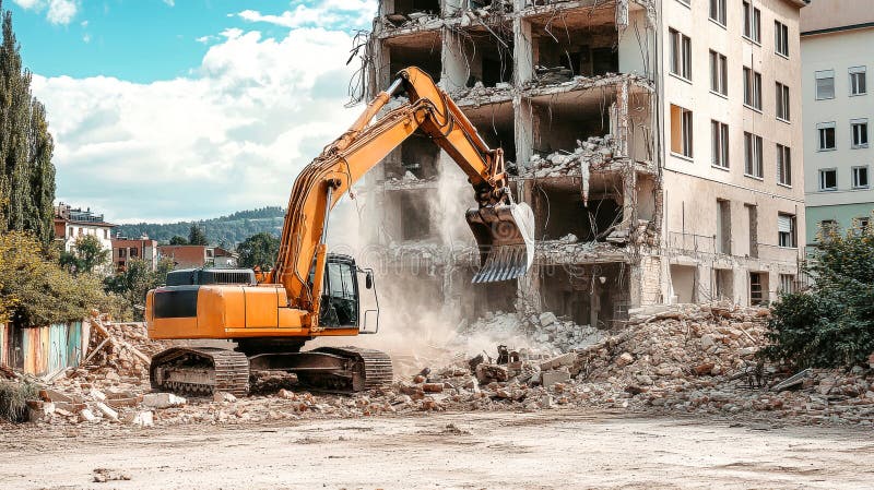Dismantling an Old Structure with an Excavator at a Bustling ...